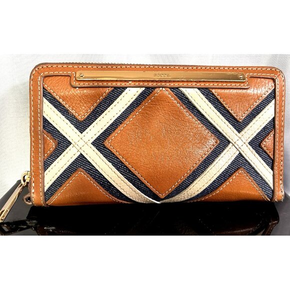 Fossil | Bags | Fossil Lisa Zip Around Clutch Wallet Brown Leather Navy ...